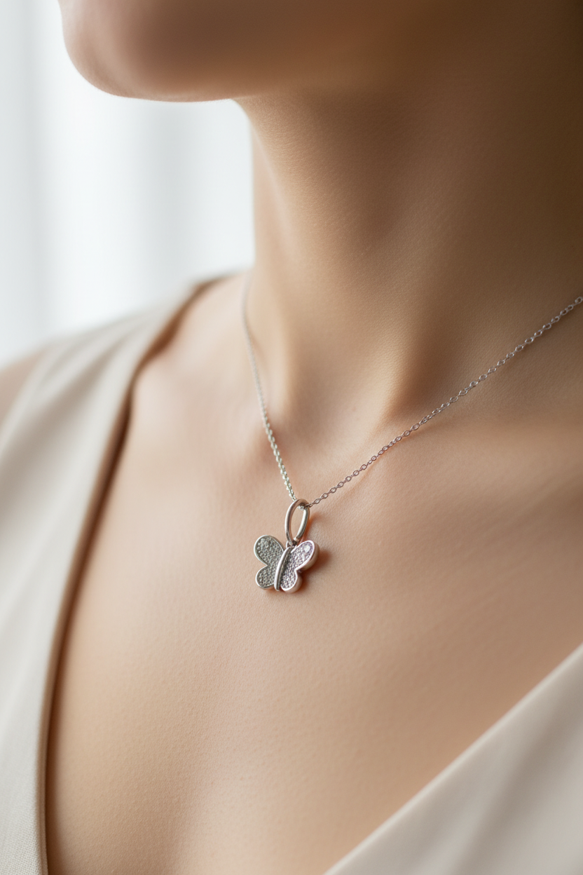 White Gold Butterfly Pendant Set with Two Diamonds 14k – Golden Star ...